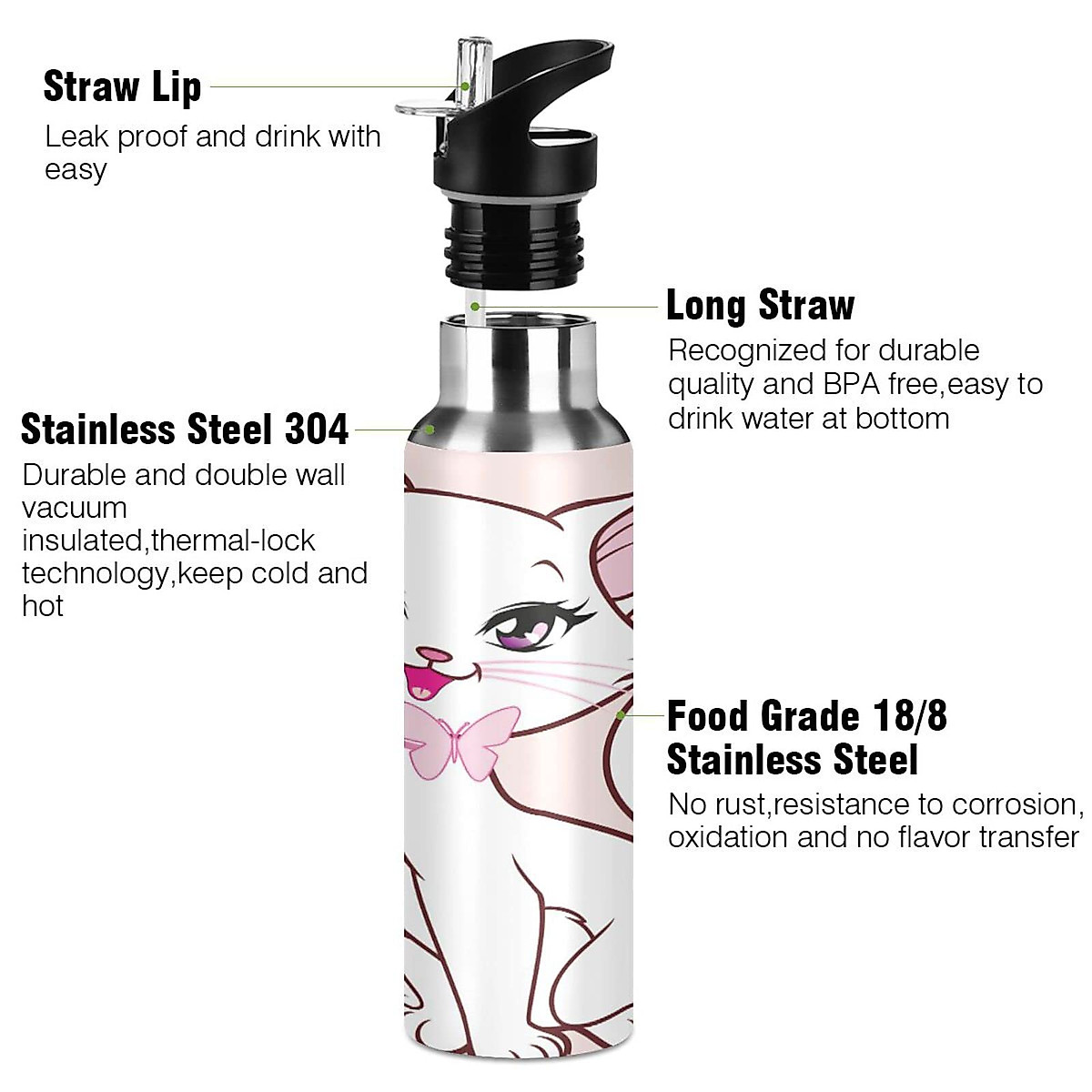 Kigai Cute Cat Water Bottle with Straw Lid 20oz Vacuum Insulated Stainless Steel Sport Water Bottles for Gym, School, Travel