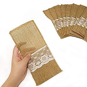 Honbay 12PCS Burlap Lace Knifes Forks Napkin Silverware Bags Utensil Cutlery Holders for Party Wedding (8 x 4 Inch)