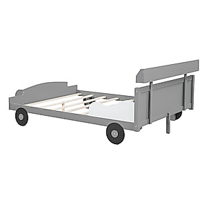 Race Car Bed Full Size, Wooden Low Bed Frame with Storage Headboard and Footboard, Playhouse Bed for Kids, Boys Girls, Gray