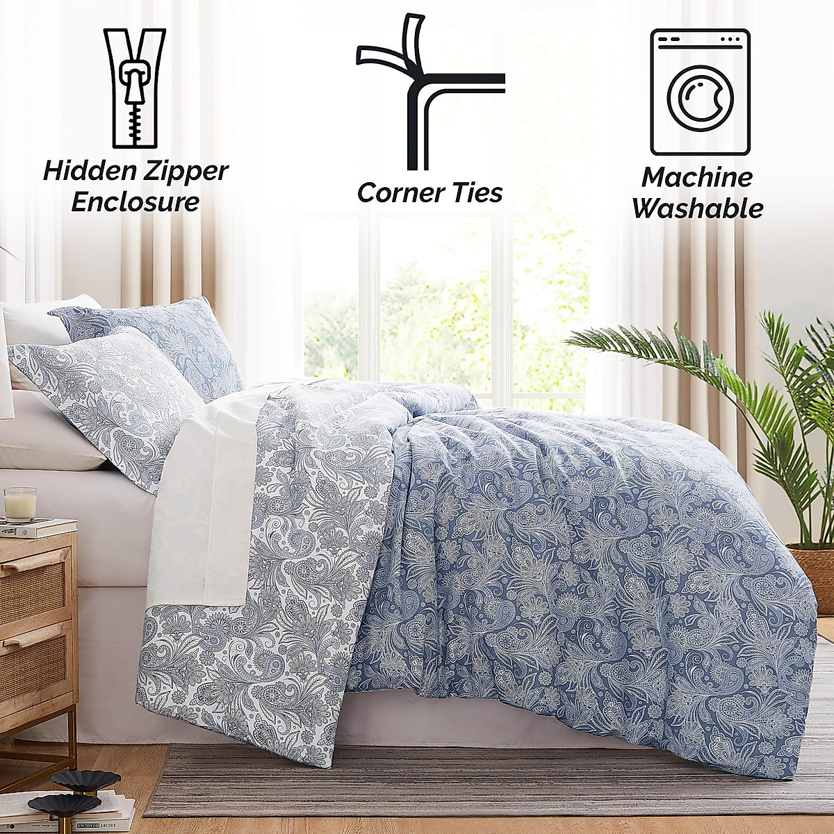 Southshore Fine Living, Inc. Reversible Paisley Duvet Cover King Size/California King - Premium Quality King Boho Bedding Set, Easy Care - 1 King/Cal King Duvet Cover, 2 Shams - Paisley Blue