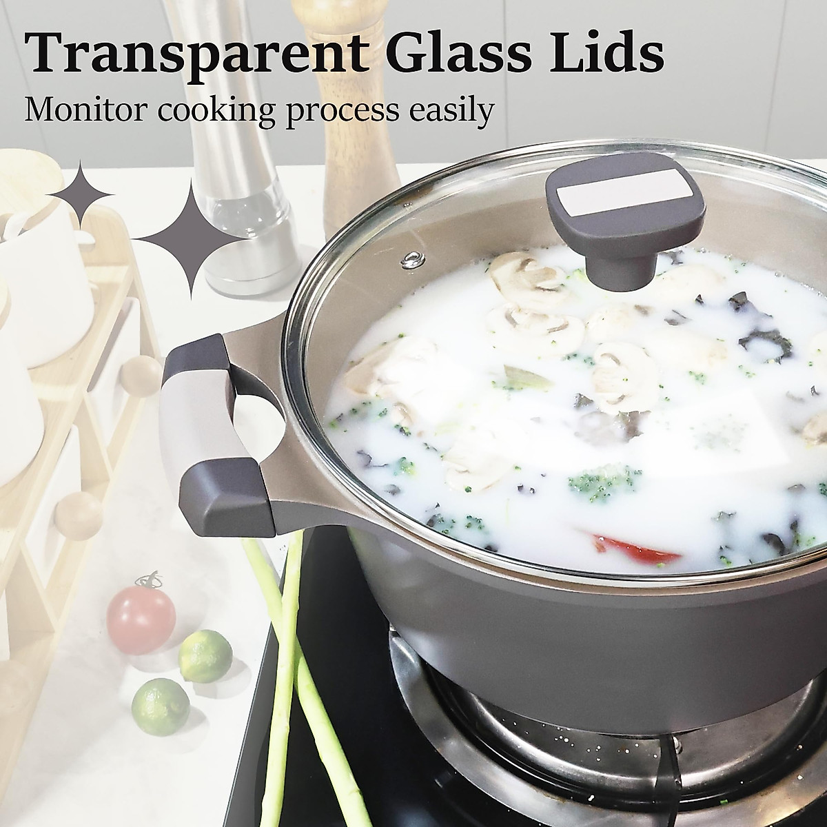 HENSENMEN Pots and Pans Set Nonstick, 6 Pcs of Kitchen Cookware Set, Dishwasher Safe Cooking Pots and Pans Set w/Saute Pan & Saucepan & Casserole Pot