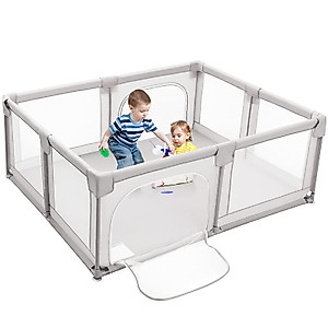 Costzon Baby Playpen, Extra Large Playard for Babies, Infant Safety Gates Indoor Outdoor, Children's Fences with Anti-Slip Suckers/Gates/Breathable Mesh Walls (75'' x 59'' x 27.5'', Grey)