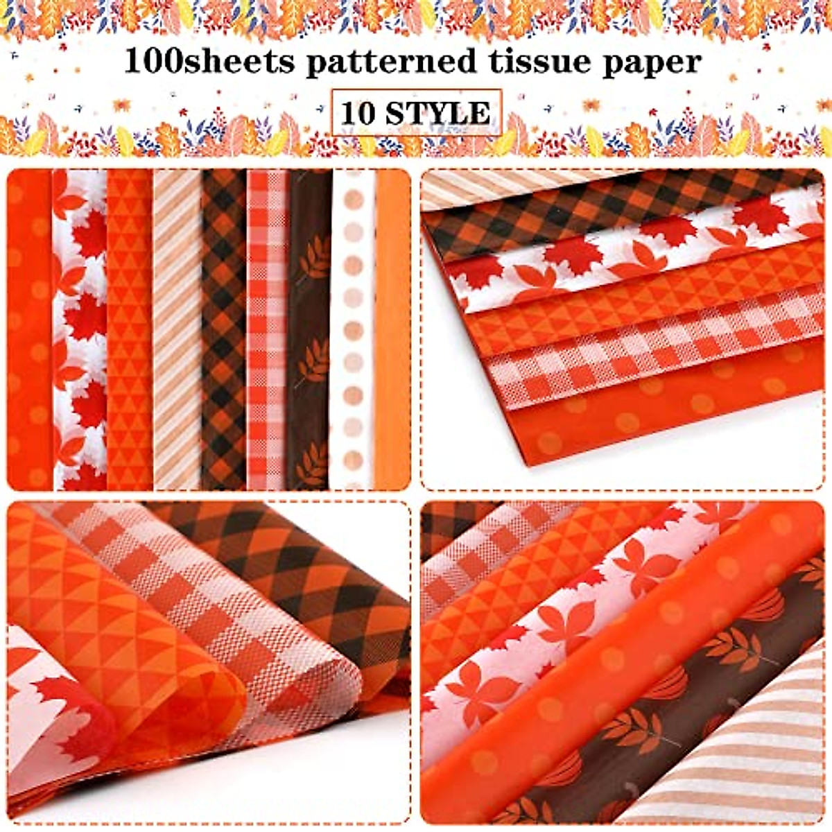 SANNIX 100 Sheet Fall Thanksgiving Tissue Paper, Pumpkin Maple Leaves Plaid Dots Crafts Paper Orange Yellow Autumn Wrapping Paper for Fall Harvest Thanksgiving Gift Wrapping Decorations (10 Design)