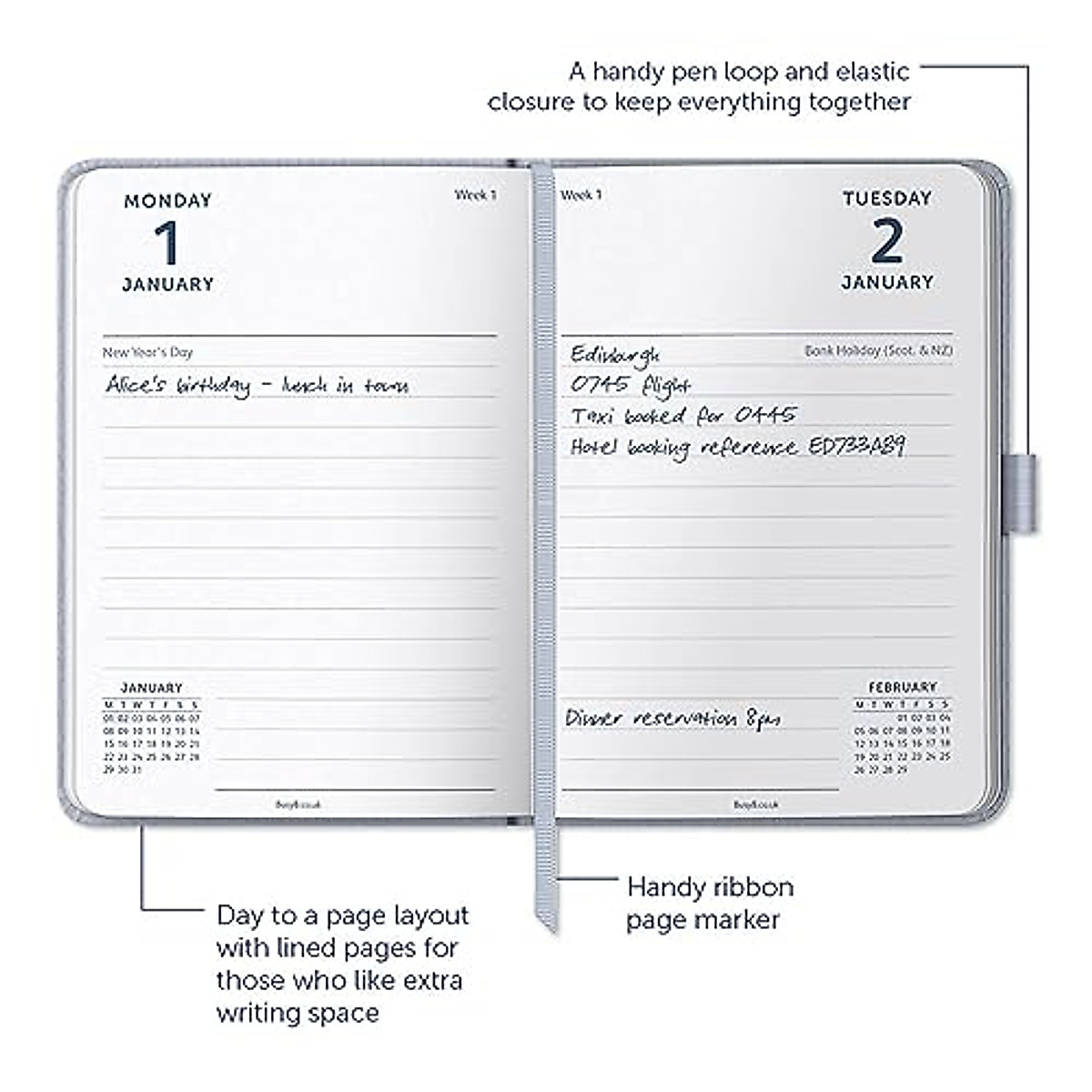 Busy B Compact A6 Day A Page Diary January to December 2024 - A6 Cloud Blue - Faux Leather Daily Planner with Lined Pages, Notes and Year Planner
