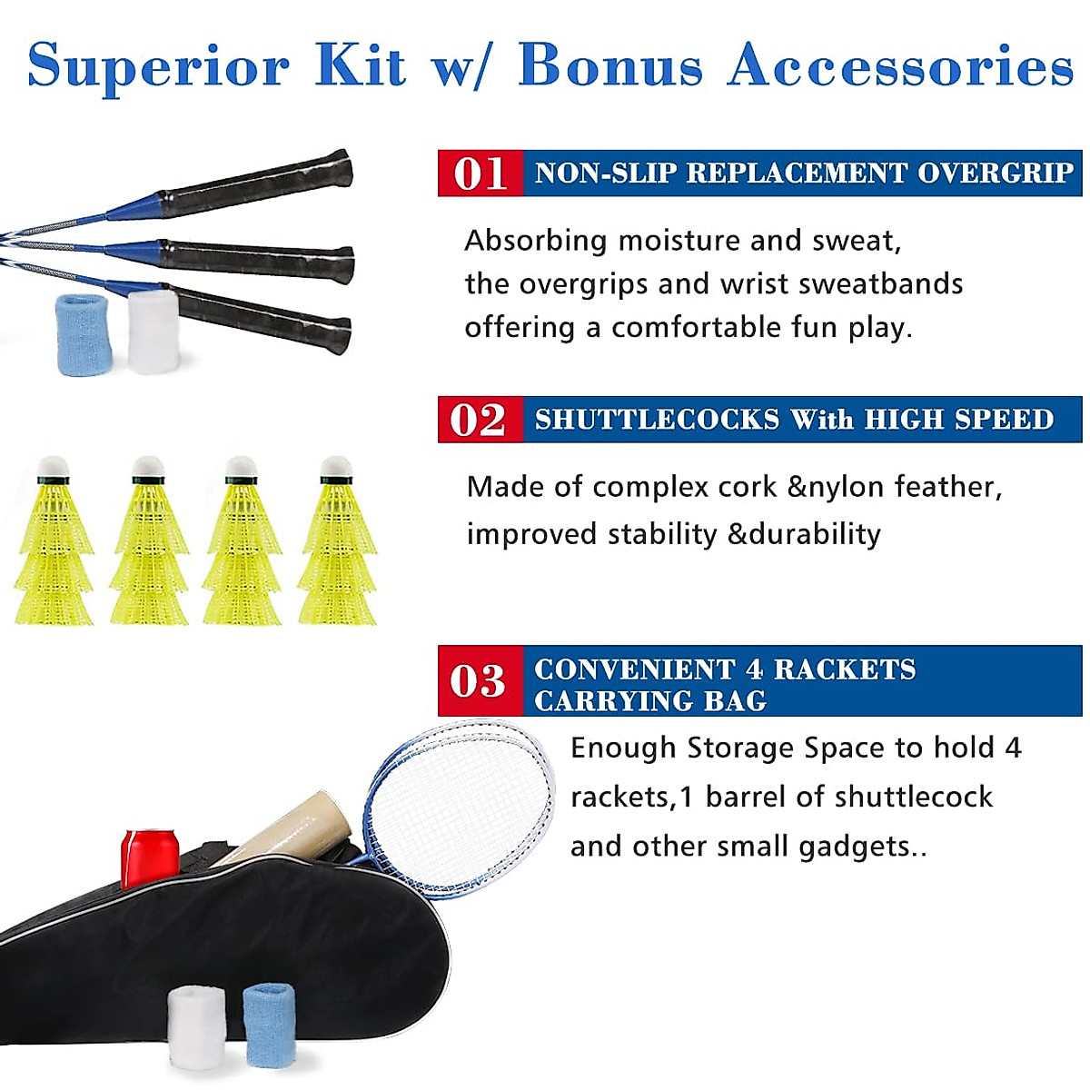 STSTECH Badminton Rackets Set of 4 for Backyard Sports Adults Kids Family Racquets Game with 12 Shuttlecocks,4 Replacement Grips,4 Wristbands and Carrying Bag (Blue -A,Set of 4)