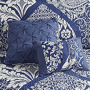Madison Park Vienna Reversible Cotton Quilt-Luxury Stitching Design All Season, Breathable Coverlet Bedspread Bedding, Shams, Decorative Pillow, King/Cal King, Indigo 6 Piece