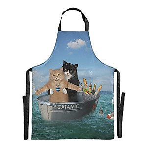 RunningBear Cat Titanic Bib Apron Waterproof Funny Apron for Restaurant, Salon, Cafe, Kitchen with Adjustable Straps Large Pocket for Women Men Chef