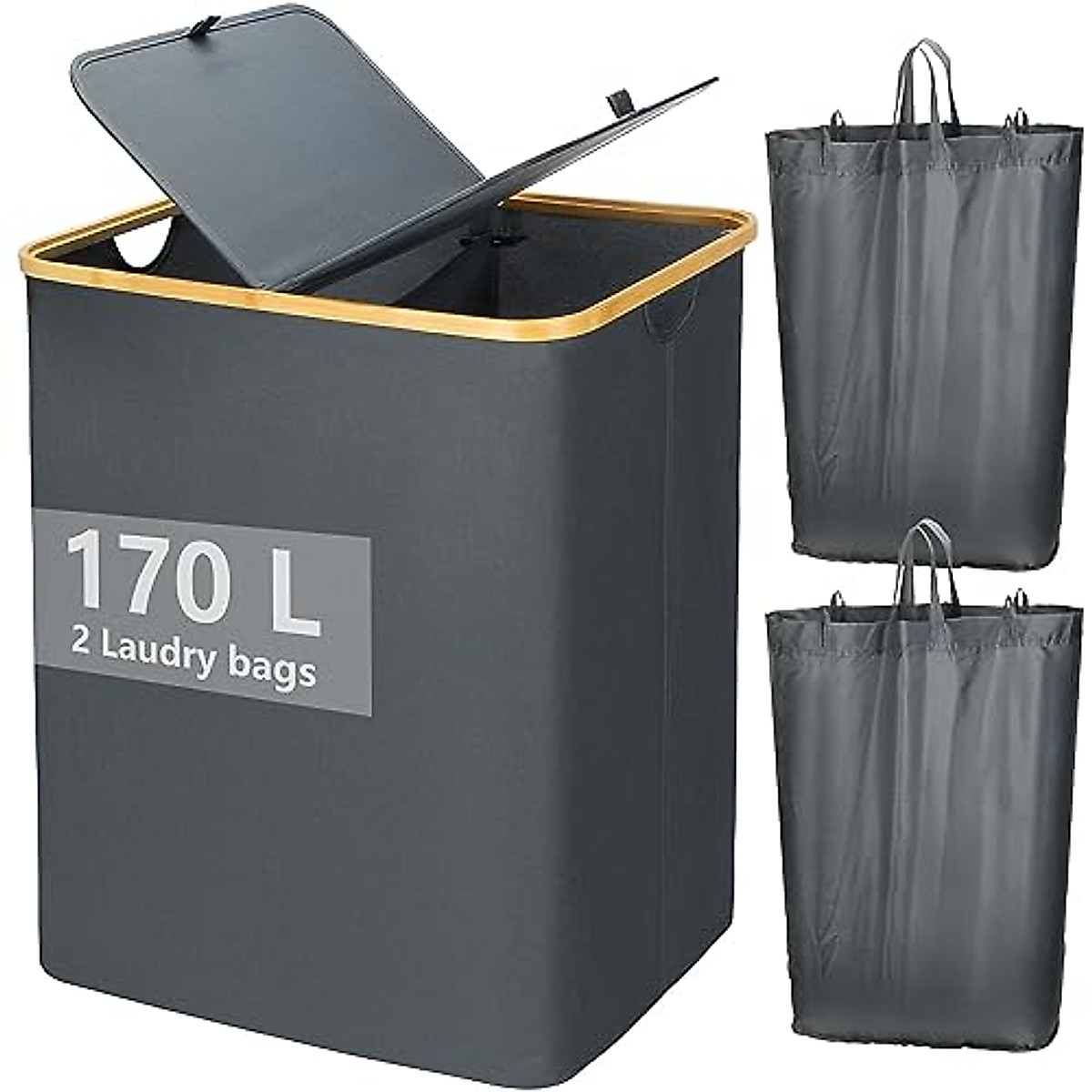 Graciadeco 170L Double Laundry Basket with Lid Foldable Extra Large 2 compartment Laundry Hamper with Handles Dirty Clothes 2 section Hamper for Laundry Bamboo Bathroom Bin Bedroom Closet, Grey