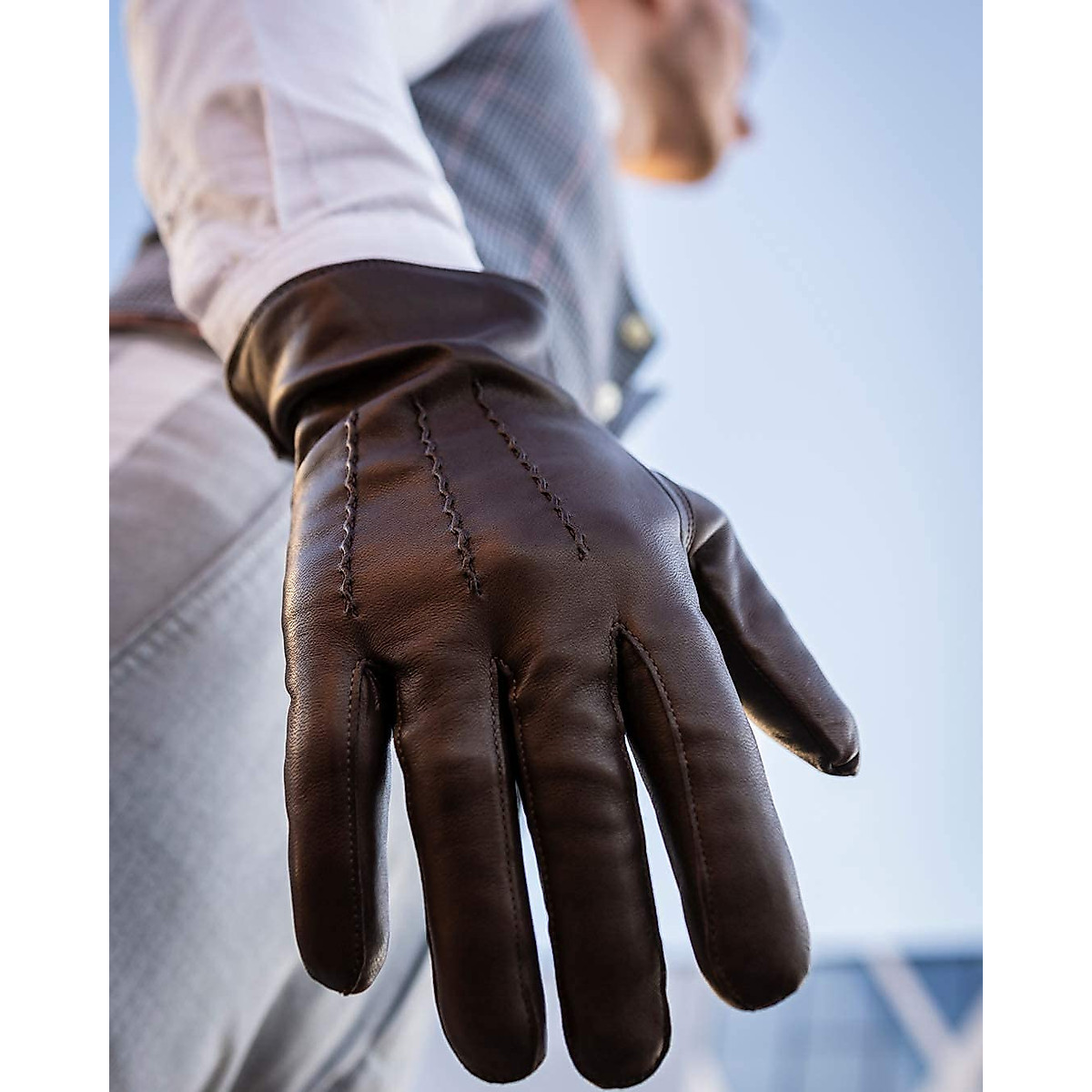 Harssidanzar Leather Gloves for Men,Winter Sheepskin Driving Riding Gloves Cashmere Lined,Black, L