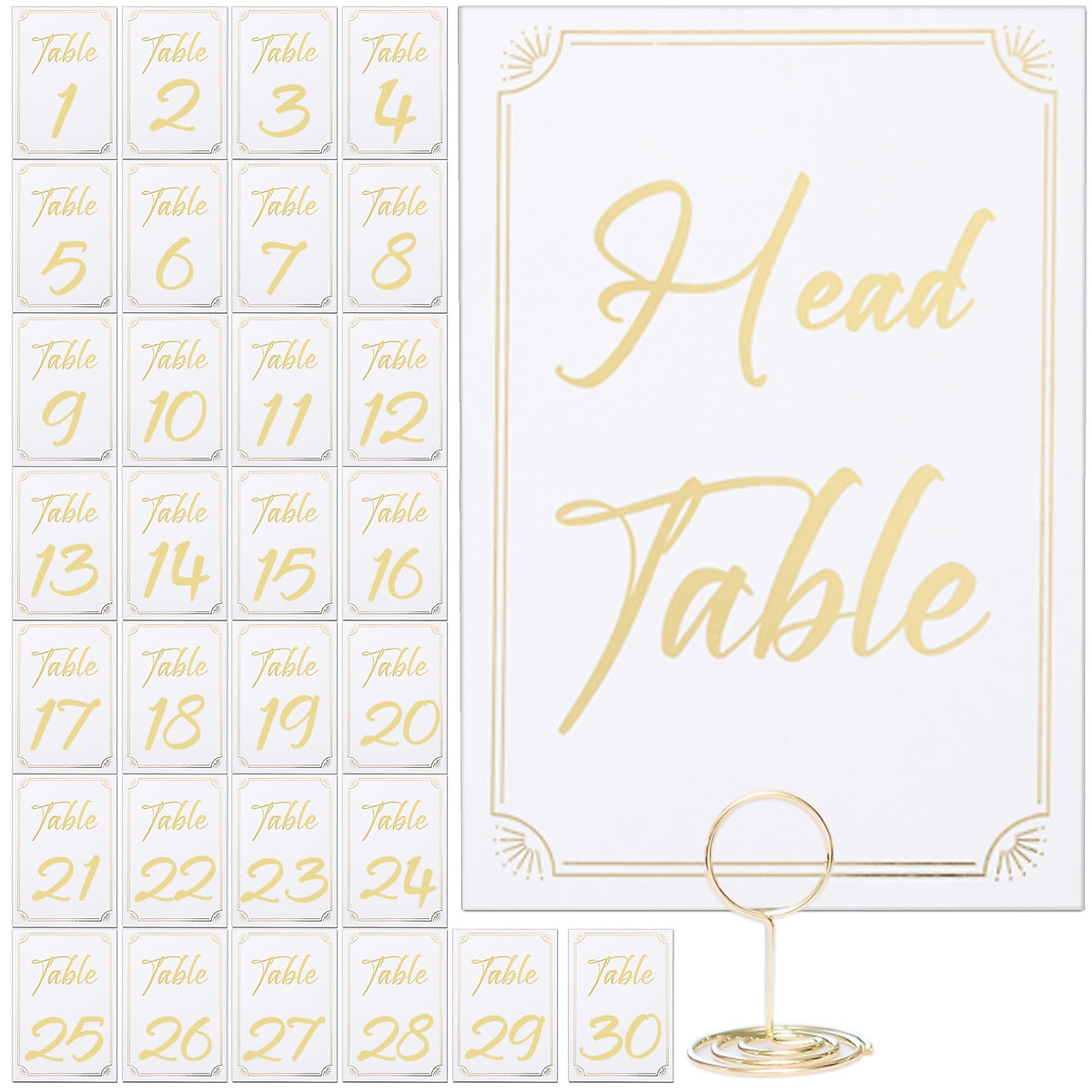 Gold Table Numbers 1-30 with Head Table Card & Table Number Holders - Elegant 4 x 6 Inch Place Seating Sign with Highly Visible Numbers for Wedding Reception, Restaurant, Anniversary, Birthday Party