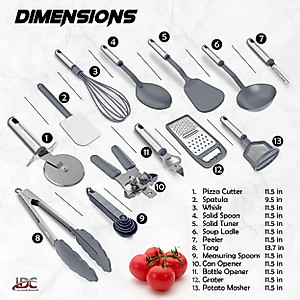 LUX Décor 23 PCS Kitchen Utensils Set - Non-Stick and Heat Resistant Nylon Cooking Spatula Set with Stainless Steel Handles - Kitchen Essentials Tools and Gadgets - Grey