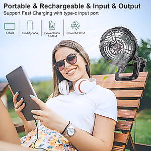 30000mAh Rechargeable Camping Fan with LED Lantern, Portable Battery Operated Fan 360° Oscillating Outdoor Fan, Quiet Battery Powered USB Table Fan with 4 Light Modes, 7 Timers for Home Jobsite Tent