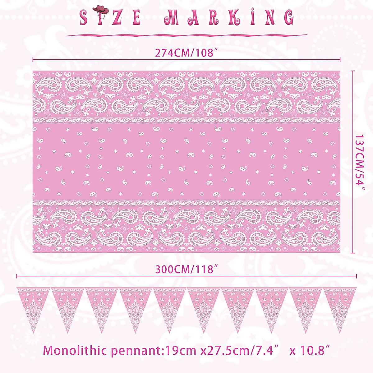 KEFAN Pink Western Cowgirl Horse Party Tablecloth Decorations, Bandana Table Cloth, Triangle Banner, Rectangle Floral Tablecloth for Western Cowgirl Cowboy Themed Party (4pcs)