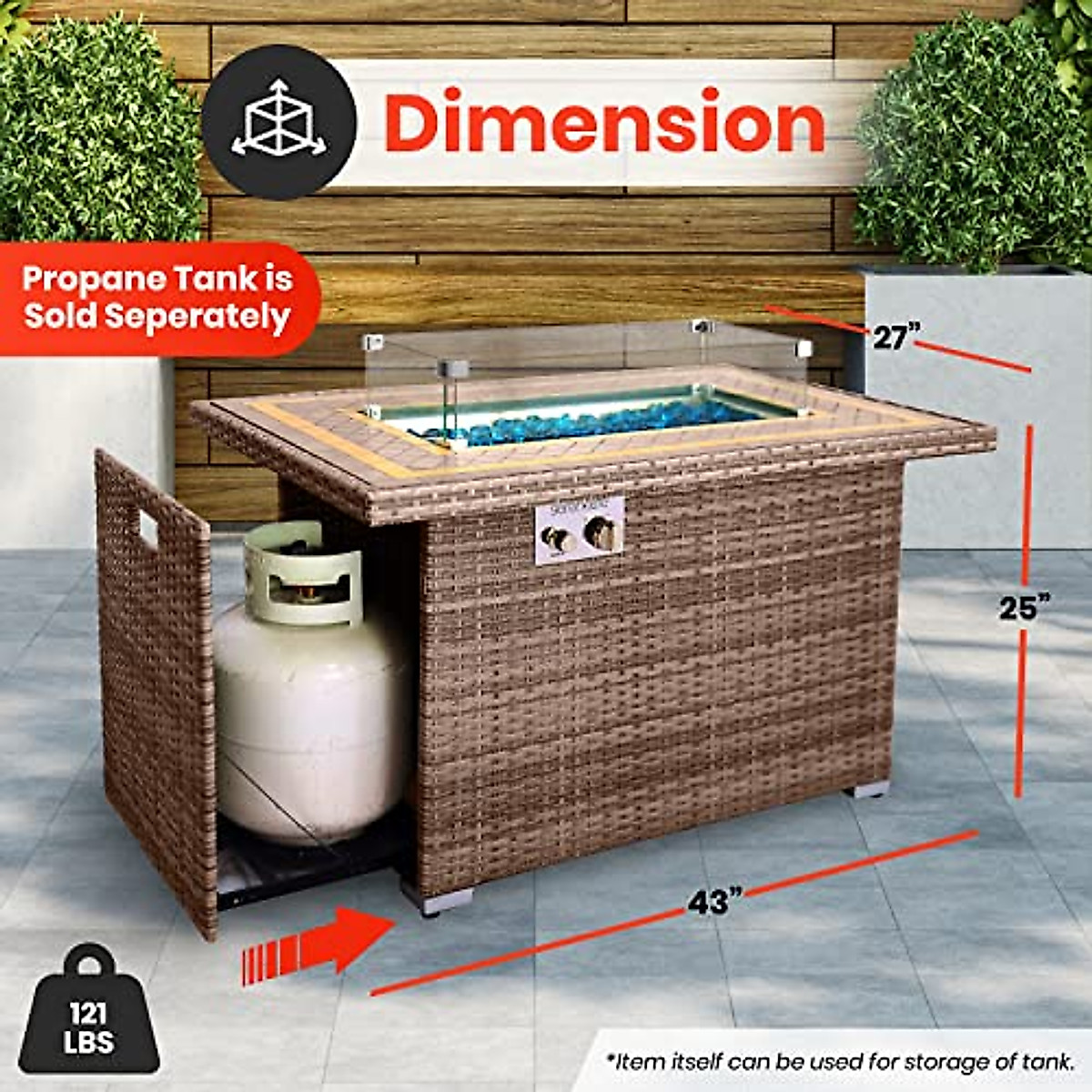 SerenelifeHome Outdoor Propane Fire Pit Table- 50,000 BTU Auto-Ignition Gas Fire Pit w/Glass Wind Guard, Black Tempered Glass Tabletop & Clear Glass Rock for Outdoor Cooking & Grilling - SLFPTIL49