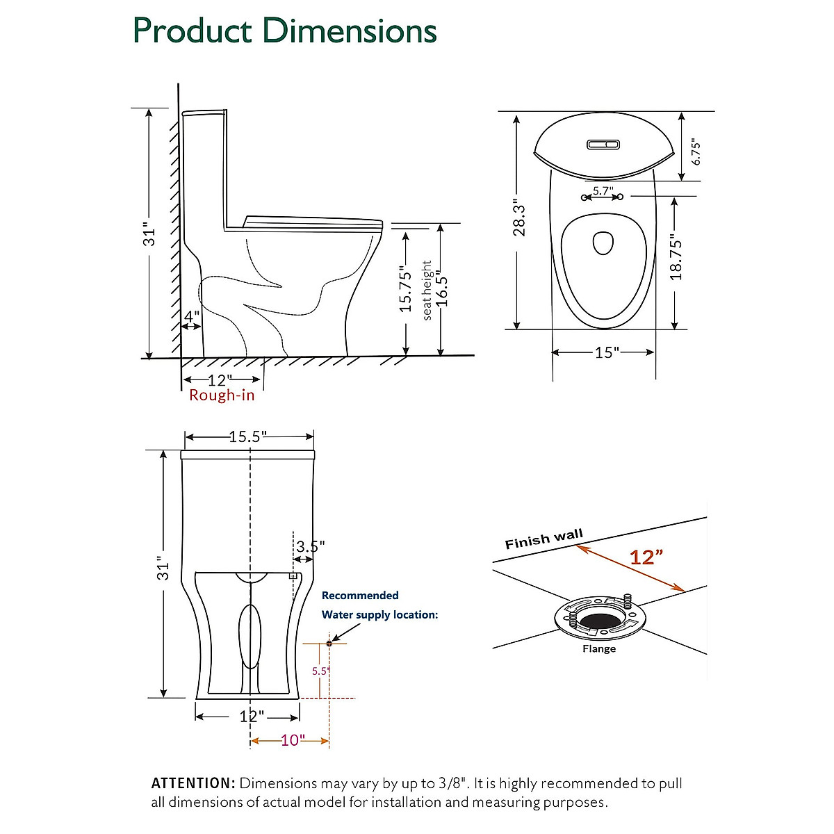 WinZo Elongated One Piece Toilet 3-in Dual Flush with Soft Closing Seat For Modern Bathroom,White (5020)