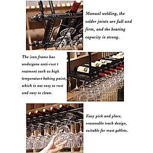 Hanging Wine Rack with Glass Holder and Shelf,Adjustable Metal Ceiling Bar Wine Glass Rack,2 in 1Industrial Wall Mounted Wine and Glass Rack,47.3” Bottle Holder Wine Shelf