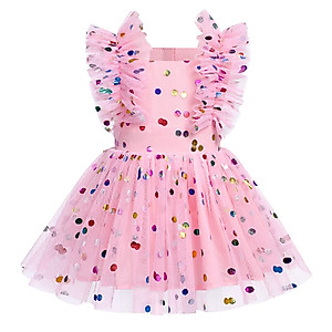 Baby Girls 1st Birthday Colorful Polka Dots Dress Toddler Kids Princess Tutu Dress One Year Old Birthday Cake Smash Baptism Wedding Summer Dresses Newborn Photoshoot Outfit Pink 6-12 Months