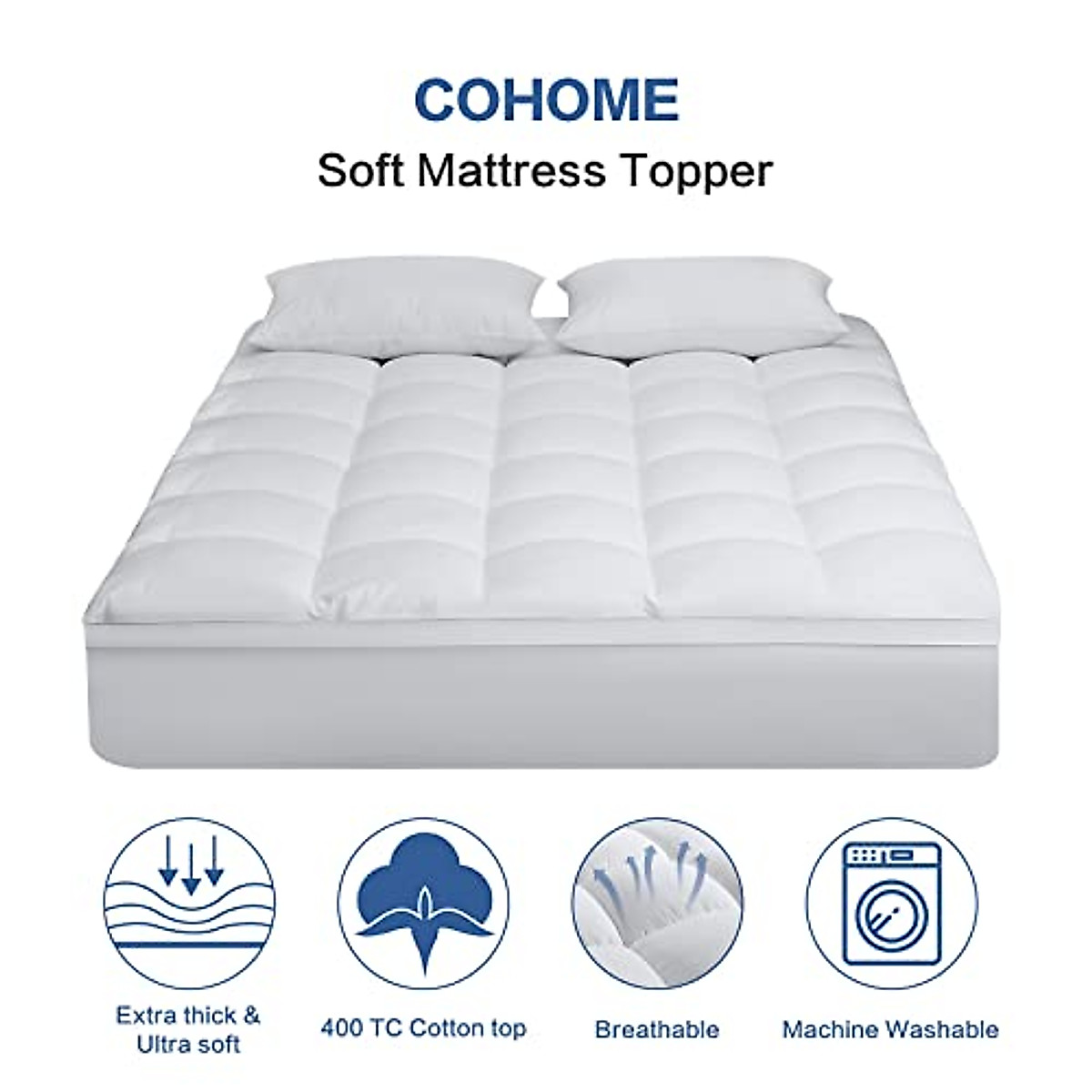 COHOME Queen Size Mattress Topper Extra Thick Cooling Mattress Pad 400TC Cotton Top Plush Down Alternative Fill Pillow Top Mattress Cover with 8-21 Inch Deep Pocket (60x80 Inches, White-Classic)