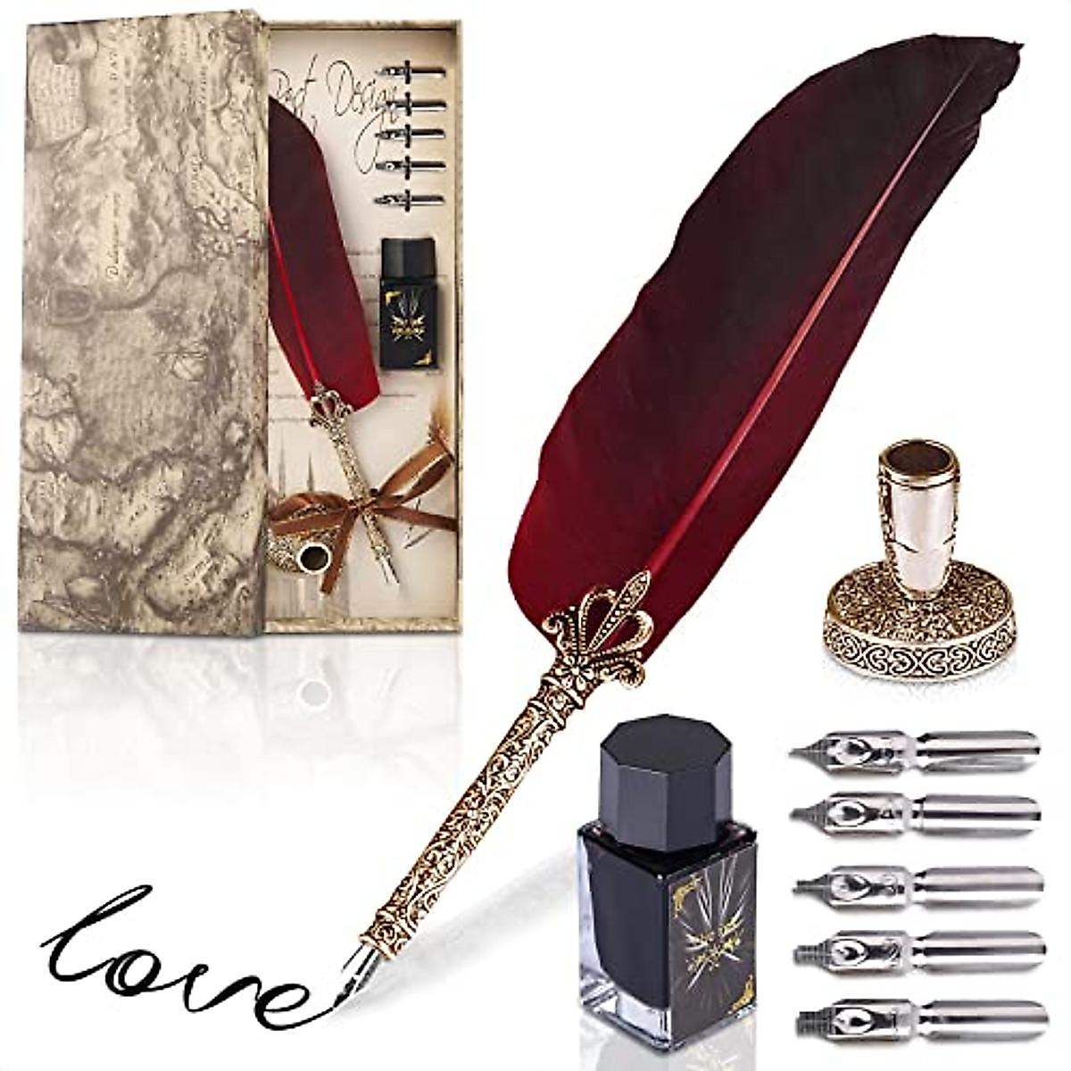 Feather Quill Pen Ink Set - Calligraphy Dip Pen Set Fountain Pen Ink Red Feather Pen Display Case with Inkwell and Stand - Quill Pen Set with 5 Stainless Steel Pen Nib Set for Writing Paper, Letter