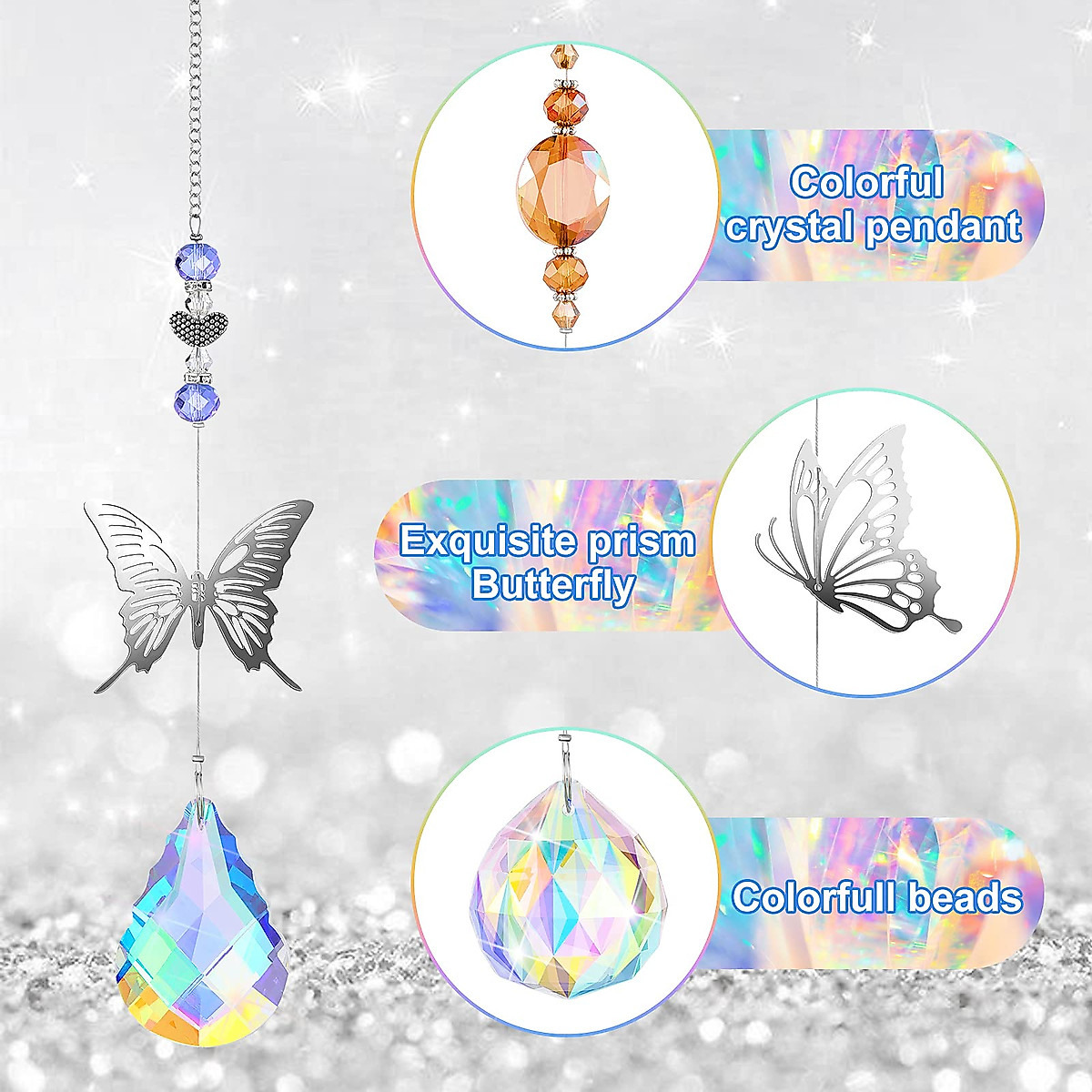 7 Pieces Crystals Suncatcher Butterfly Sun Catchers Colorful Crystal Chandelier Pendant Hummingbird Wall Hanging Tree Window Prism Ornament (Charming Colors, Butterfly Style)