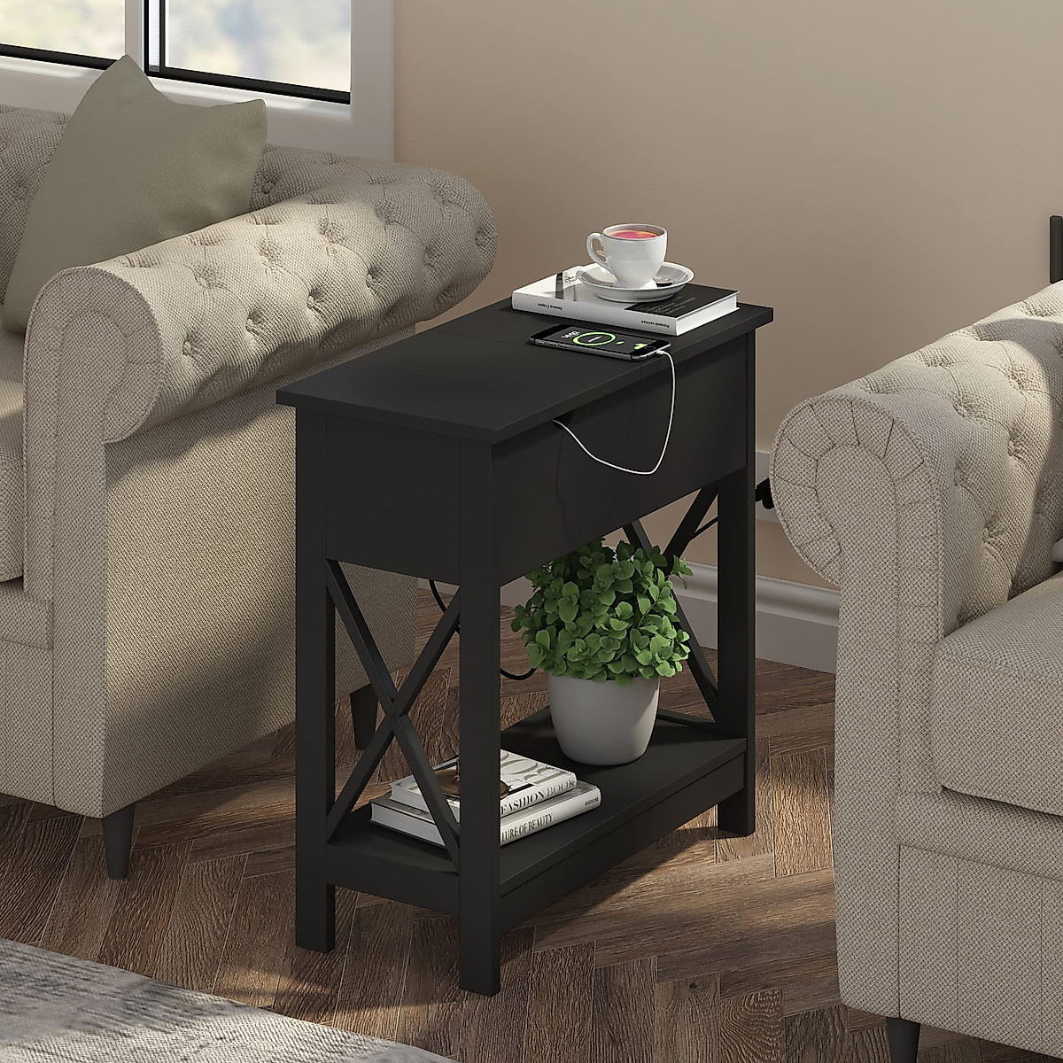 ChooChoo End Table with Charging Station - Narrow Flip Top Side for Small Spaces, Bedside Table with USB Ports & Power Outlets, Storage Nightstand Sofa Table for Living Room, Bedroom (Black).
