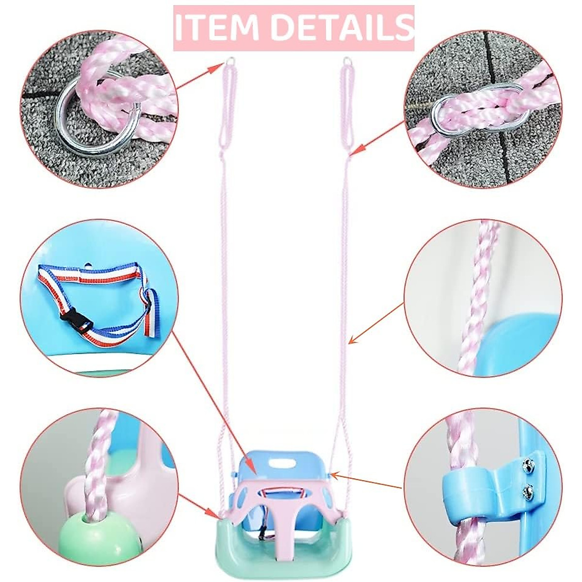 3 in 1 Kids Swing Seat, Infant Toddler Kids Secure Swing Seat Detachable High Back Swing Set for Playground Indoor Outdoor (Macaron Green)