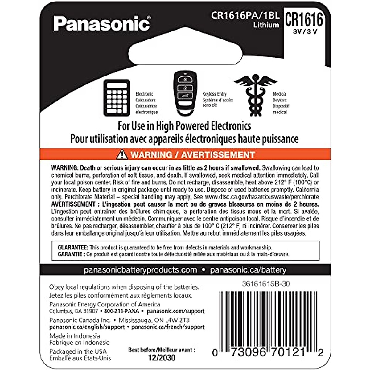 Panasonic CR1616 3.0 Volt Long Lasting Lithium Coin Cell Batteries in Child Resistant, Standards Based Packaging, 1-Battery Pack