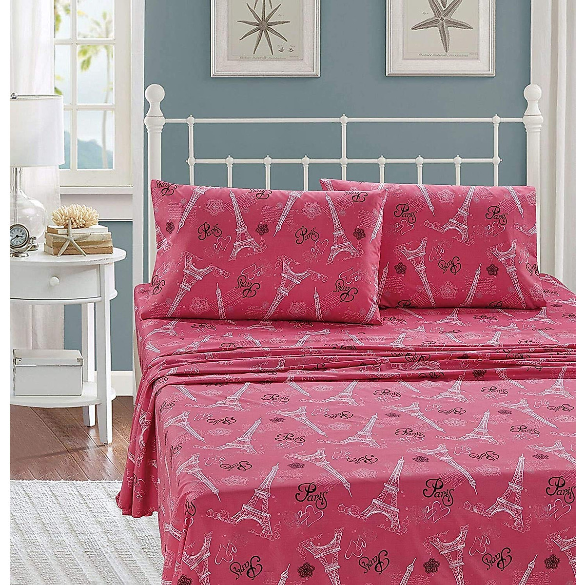 Home Collection Queen Size Comforter And Sheet Set Paris Eiffel Tower Hearts Flowers for Girls/Teens White Pink Black Pink/ White New