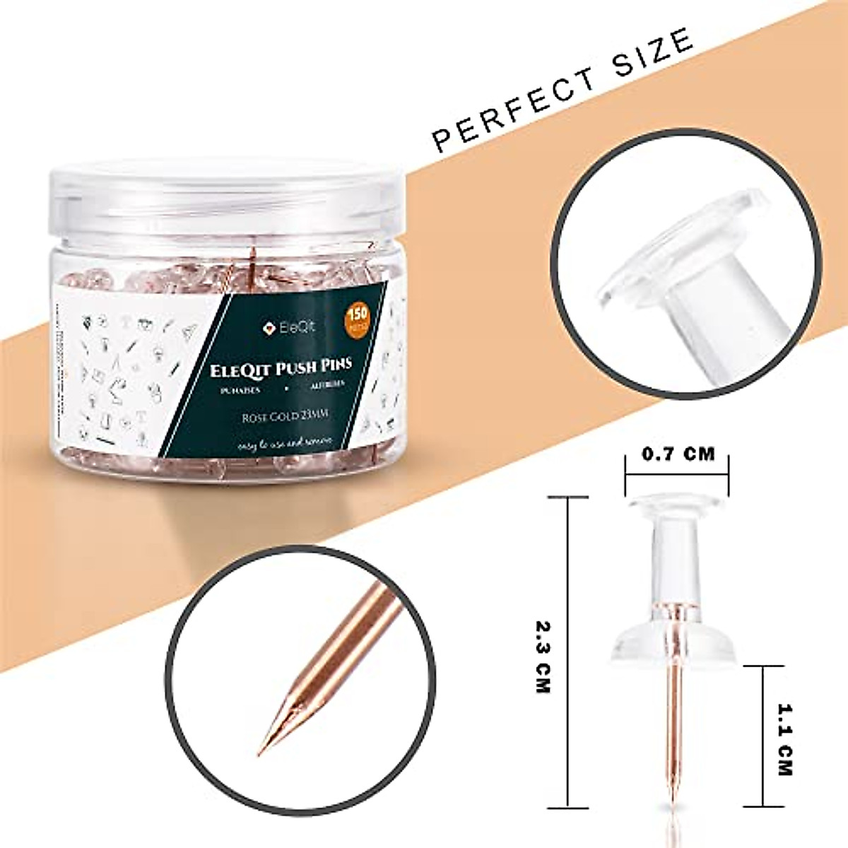 150 Clear Push Pins - Plastic Head Thumb Tacks with Steel Point Used as Wall Tacks for Hanging, Maps, Cork Board, Bulletin Boards, Office or Dorm Essentials (Rose Gold)