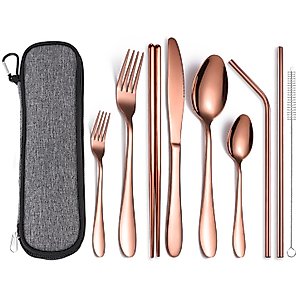 AARainbow 9 Pieces Stainless Steel Flatware Set Portable Reusable Cutlery Set Travel Utensils Set Including Chopsticks Knife Fork Spoon Straws Cleaning Brush Dishwasher Safe (9 Rose Gold)