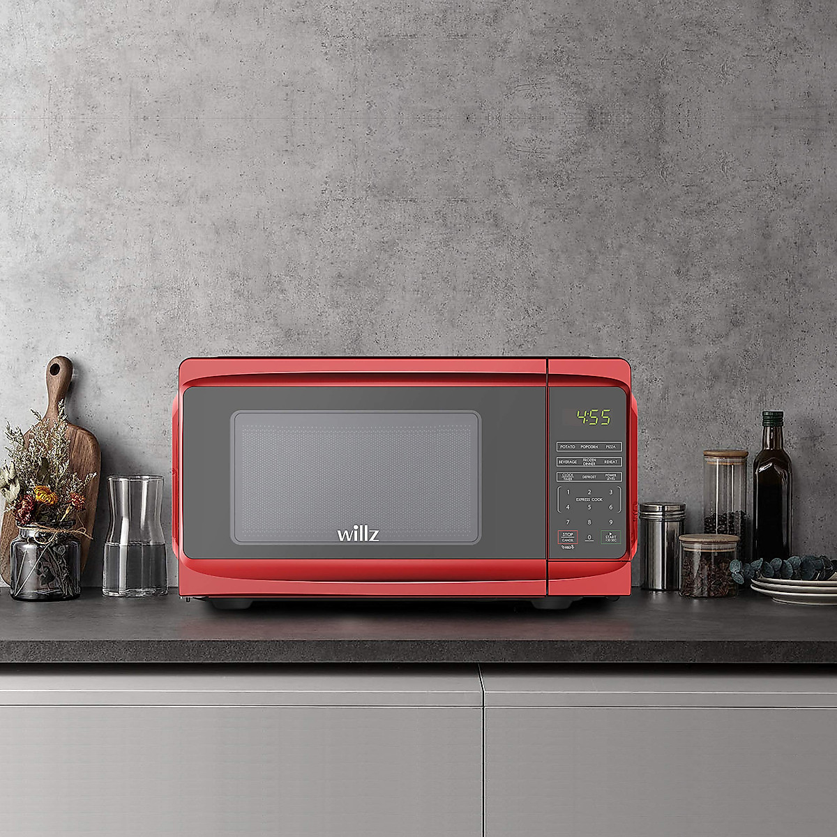 Willz Countertop Small Microwave Oven, 6 Preset Cooking Programs Interior Light LED Display 0.7 Cu.Ft 700W Red WLCMV807RD-07