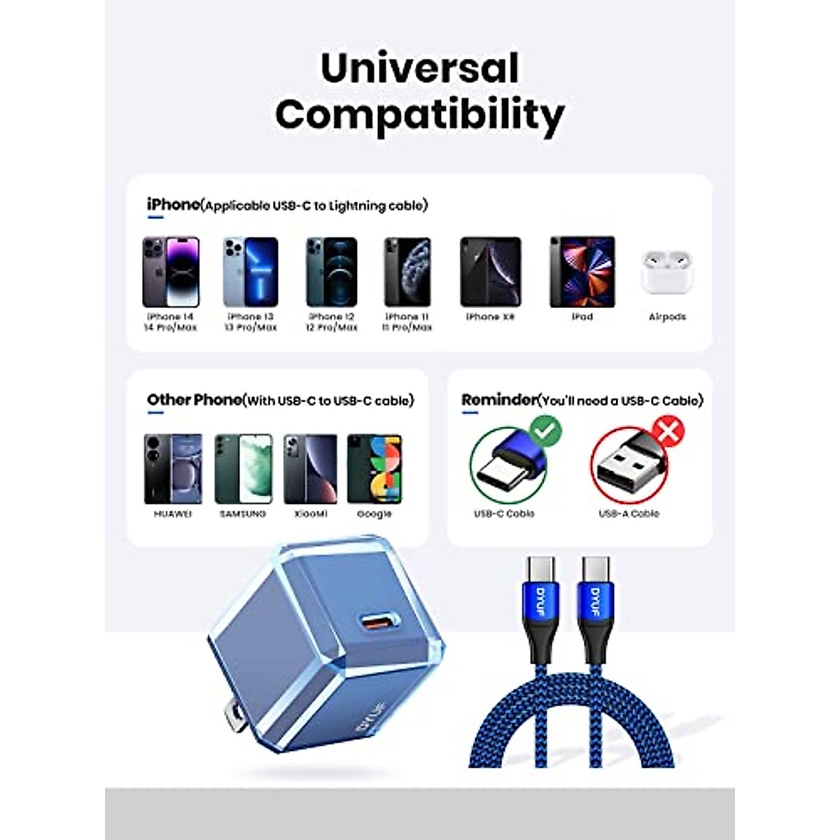 DYUF Ipad Pro Charger,20W USB C Fast Charger with 60W Ipad Charger Cord, Compatible with Samsung/iPad, Fast Charging and Data Transfer