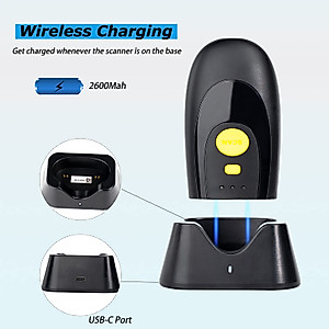 TEEMI Bluetooth Barcode Scanner with Charging Dock Data Receiver, Mini Bar Code Scanner with Neck Wrist Lanyard Included Handheld 2D QR Bar Code Reader for Tablet iPhone iPad Android iOS (Black)