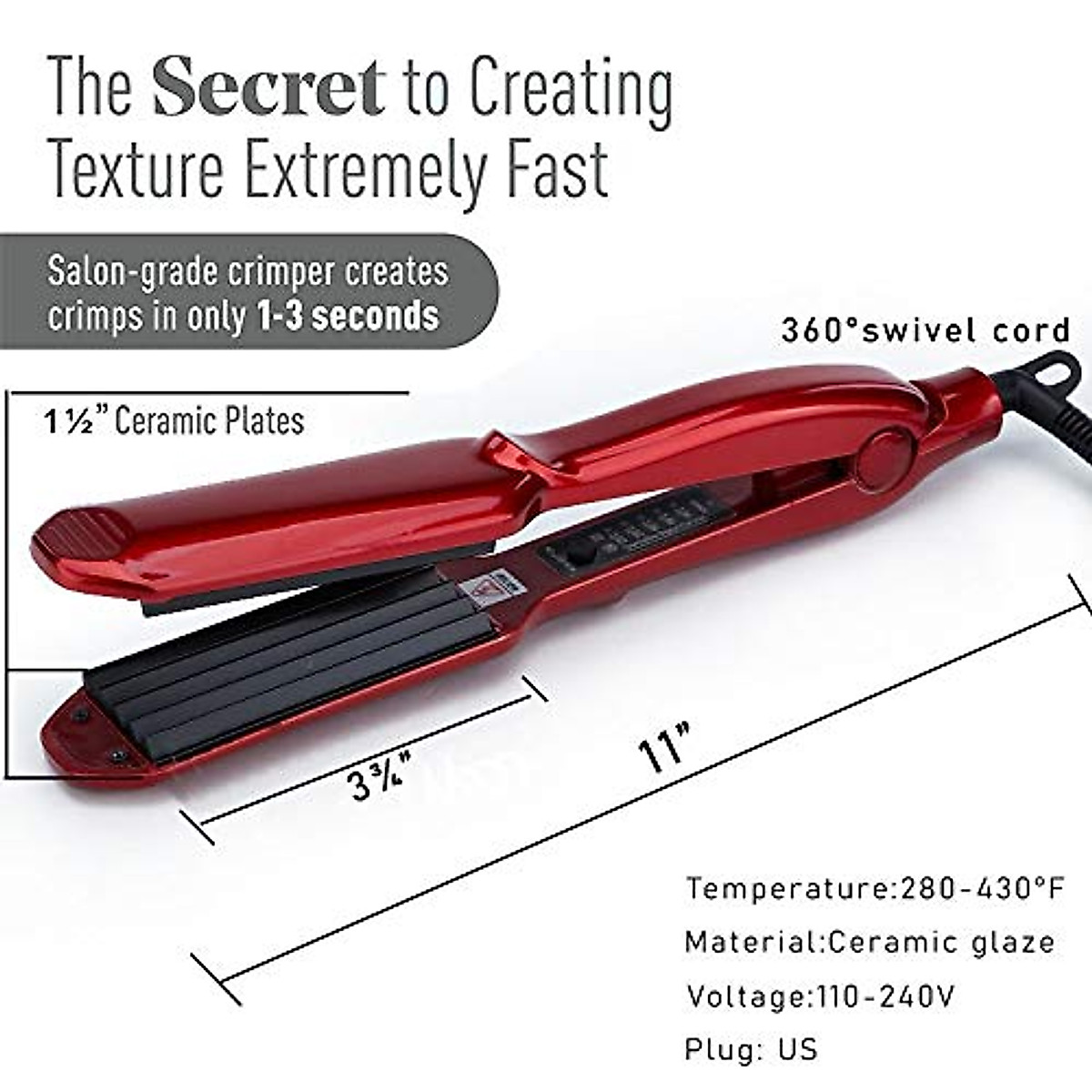MBHAIR Ceramic Crimper Iron for Fluffy Hairstyle Curling Iron, Corrugation Crimper Hair Irons, Anti Static Ceramic Hair Crimping Iron Adjust Temperature (Red)