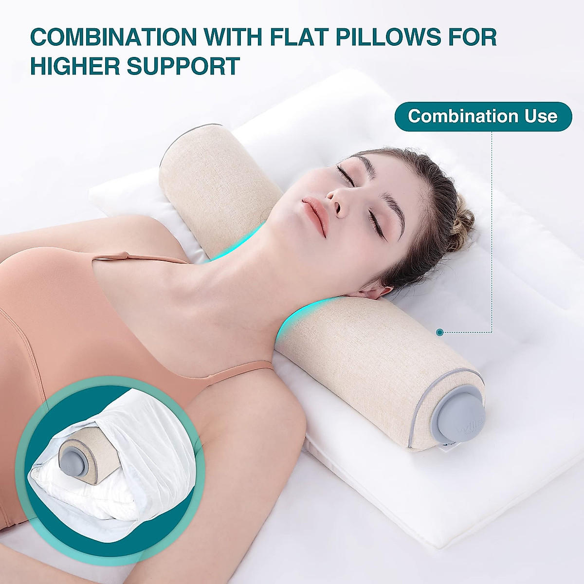 willai Cervical Neck Pillow, Adjustable Neck Roll Pillow with Inflatable Tube, Bolster Neck Pillows Support for Sleeping, Memory Foam Pillow for Neck and Shoulder Soft (22 x 3.7 x 3.9).