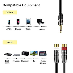 J&D 3.5 mm to Dual RCA Audio Cable, Heavy Duty 3.5mm Male to 2 RCA Female Gold Plated Copper Shell Stereo Audio Adapter Cable, 6 Feet