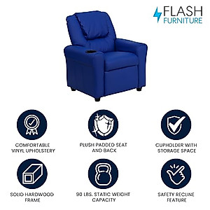 Flash Furniture Vana Vinyl Kids Recliner with Cup Holder, Headrest, and Safety Recline, Contemporary Reclining Chair for Kids, Supports up to 90 lbs., Blue