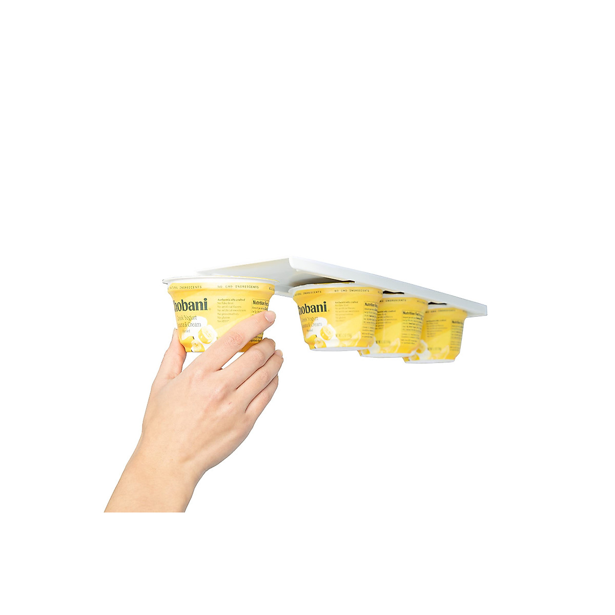 Yogurt Fridge Organizer - Holds up to 4 Wide-Mouth Vegan and Greek Yogurt Cups Each - Peel and Stick Slider Shelf for Small Refrigerator Spaces