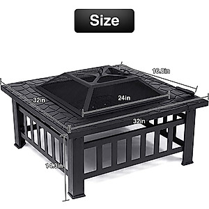 Anraja Fire Pit 32'' Wood Burning Firepit Metal Square Outdoor Fire Tables Steel BBQ Grill Fire Pit Bowl with Spark Screen Cover, Poker Log Grate for Patio Bonfire Camping Backyard Garden Picnic