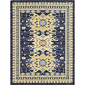 Unique Loom Taftan Collection Border Geometric Tribal Inspired Design Area Rug, 9 ft x 12 ft, Navy Blue/Gold