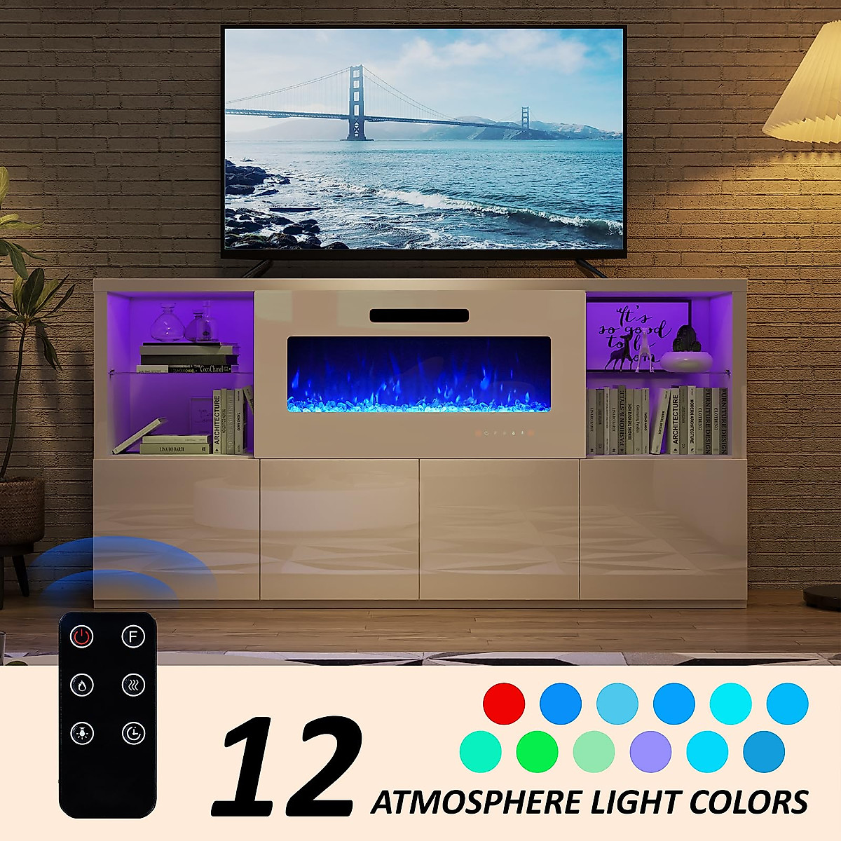 AMERLIFE 68" Fireplace TV Stand with 40" Fireplace, Modern High Gloss Fireplace Entertainment Center with LED Lights for TVs up to 78", TV Console with Glass Shelves for Living Room, White