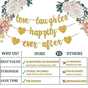 15Pcs Love Laughter and Happily Ever After Banner Gold- Wedding Shower Decorations, Bridal Shower Decorations, Bachelorette, Bridal & Engagement Party Decorations (Pre-Strung Signs)