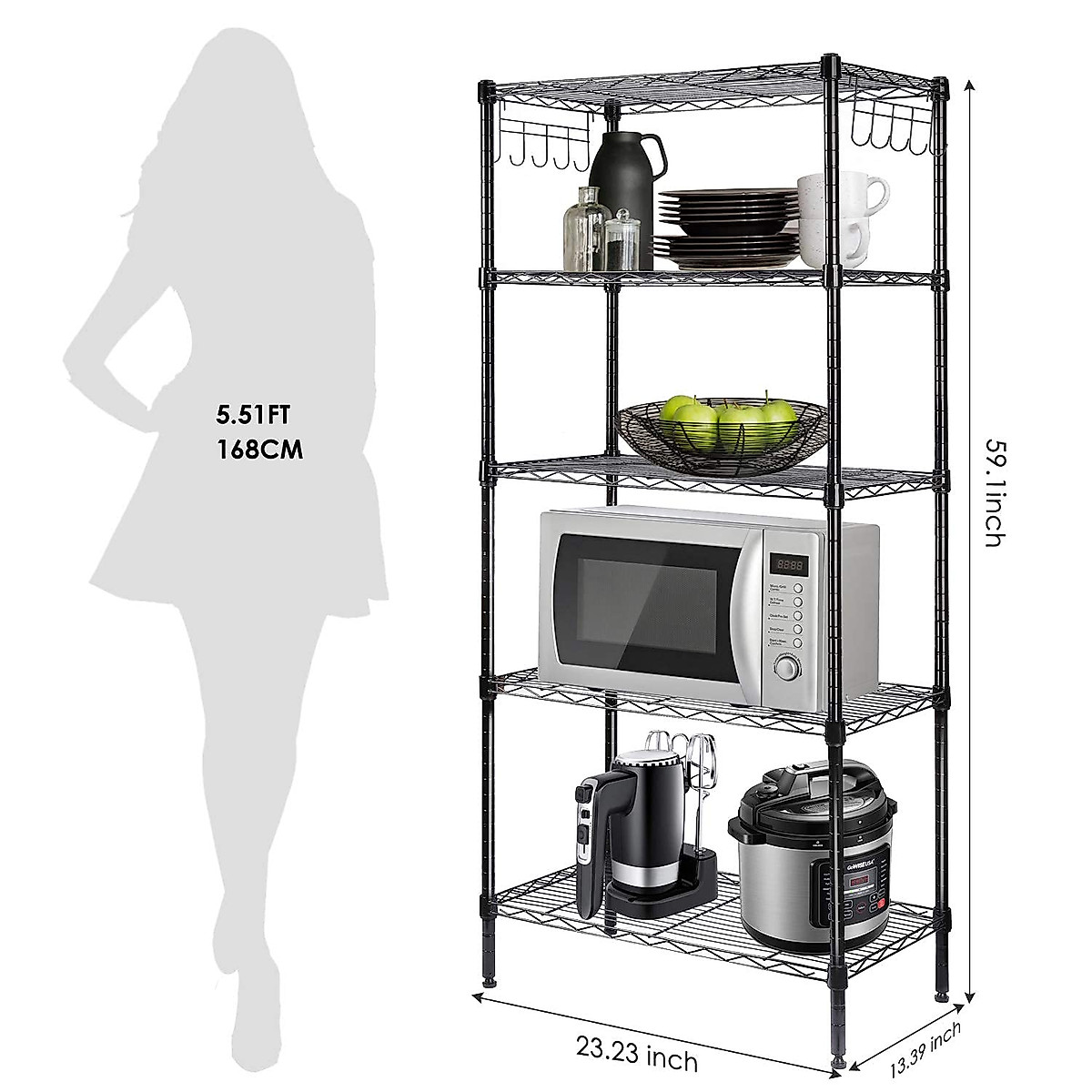 LEHOM 5-Tier Metal Storage Shelves 23.63" L×13.78" W×59.1" H Wire Shelving Unit Storage with Adjustable Leveling Feet for Laundry Bathroom Kitchen,Steel Organizer Wire Rack 220 LBS Capacity