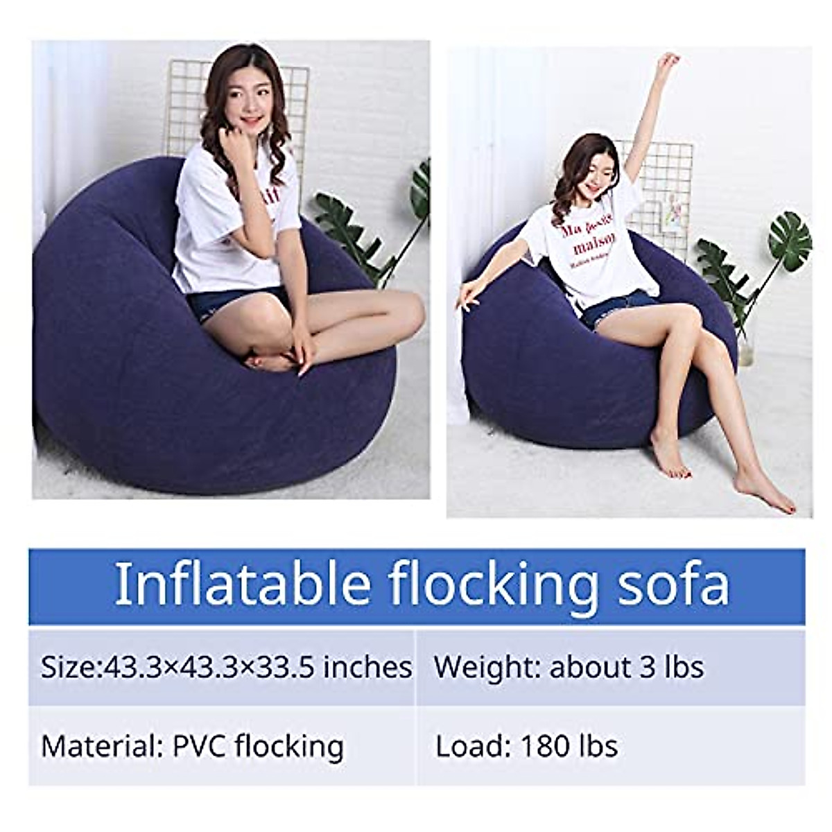 NBT Deluxe Inflatable Flocking Single Beanless Sofa, Lazy Sofa, Chaise Lounge, Home Leisure Seat, Suitable for Home or Outdoor (Multiple Colors) (Dark Blue)