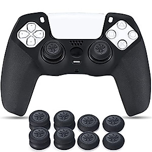 YoRHa Grip Texture Silicone Cover Skin Case for PS5 Dualsense Controller x 1(Black) with Pro Thumb Grips x 8