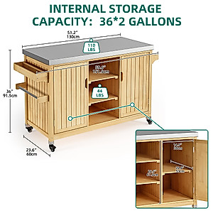YITAHOME XL Solid Wood Outdoor Table and Storage Cabinet, 59.64’’L x 23.62’’W Movable Grill Table with Stainless Steel Top, Side Handle, Spice Rack for Outside, Patio Bar, Outdoor Kitchen Island