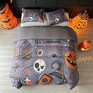 Halloween Duvet Cover Set Twin Size 3 Pieces with 2 Pillow Shams - Gray Halloween Pumpkin Festival Themed Bedding Set with Broom Tombstone Skeleton for Kids Boys Girls Teens Bedroom Decor