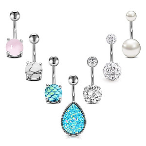 FECTAS 14g Belly Button Rings Surgical Steel CZ Navel Ring Barbell for Women Body Piercing Jewelry Silver