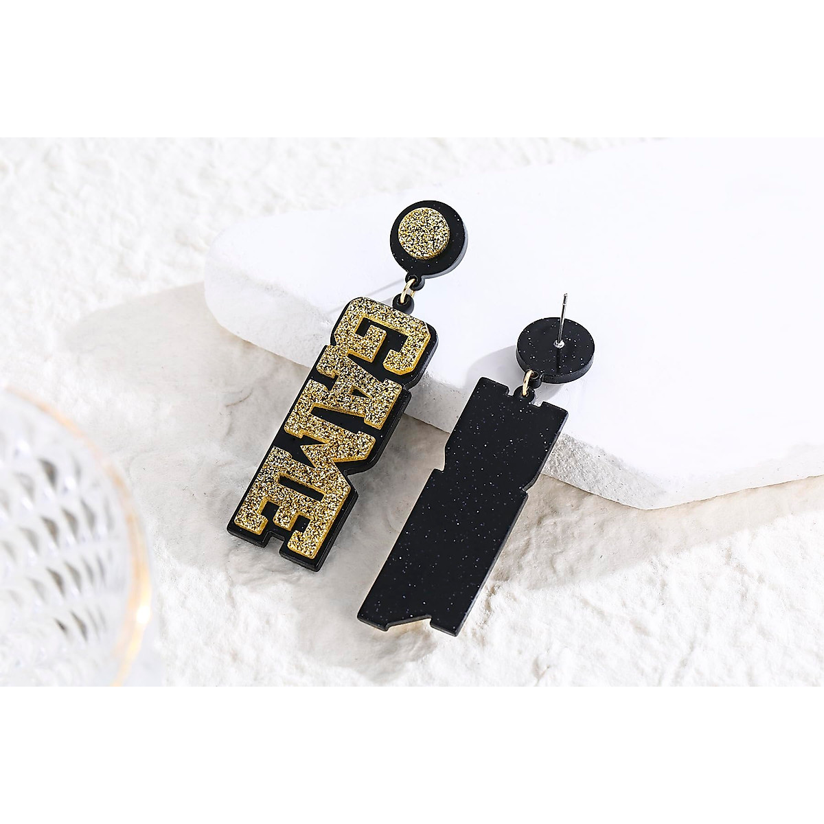 Game Day Earrings For Women, Acrylic Football/Rugby/Baseball/Basketball/Volleyball Team Sports Cheer Gifts Long Dangle 2023 Lightweight Hypoallergenic Jewelry (Black+Gold)