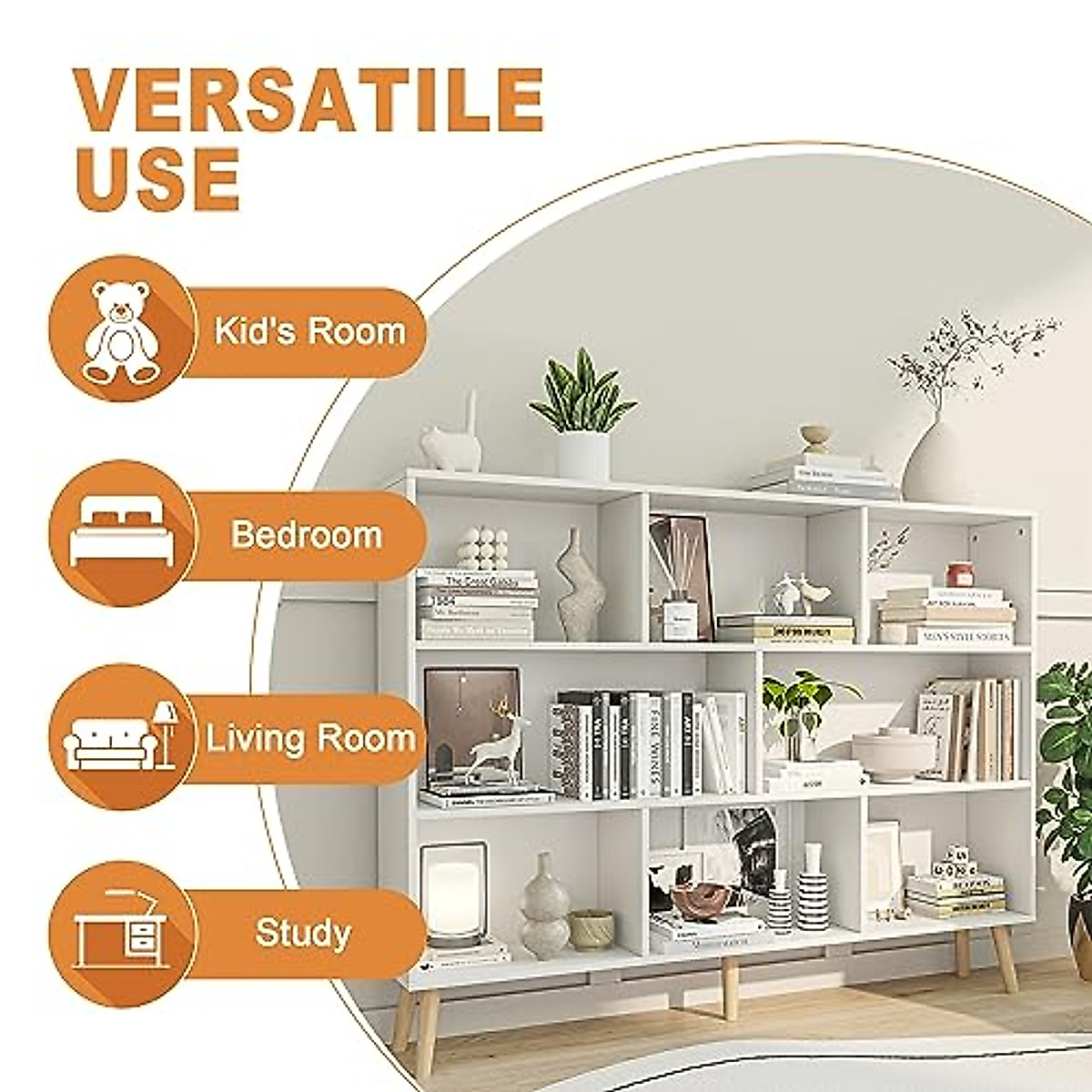 VICLLAX Wood 3 Tier Storage Shelf, 8 Cubes Free Standing Bookshelf with Legs, Display Bookcase for Living Room, Bedroom, Kids Room, Office, White